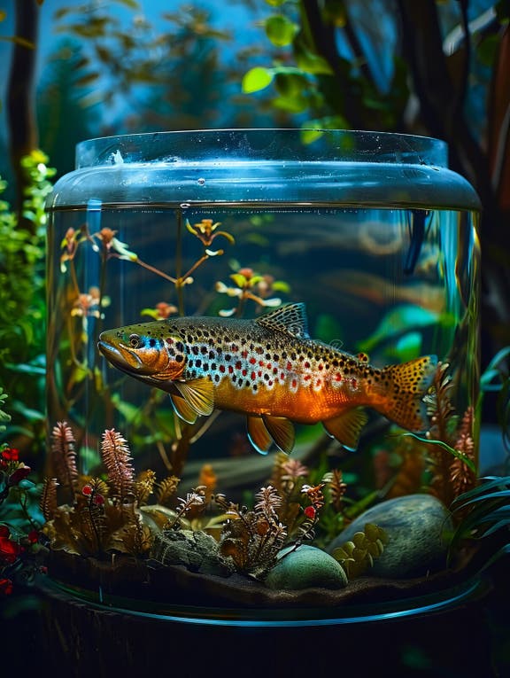 A Fish in a Glass Bowl with Plants and Rocks Stock Image - Image of ...
