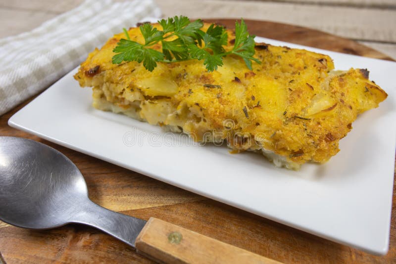 Fish gratin on a table stock photo. Image of dish, cooked - 168600310