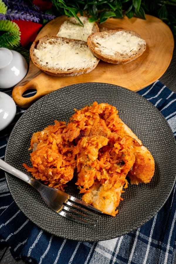 Fish in Greek Kind with Vegetables and Tomato Sauce Stock Image - Image ...