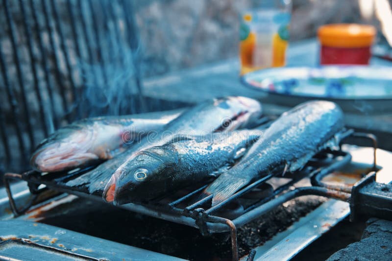 Fish on gridiron stock photo. Image of foreground, lunch - 256822768