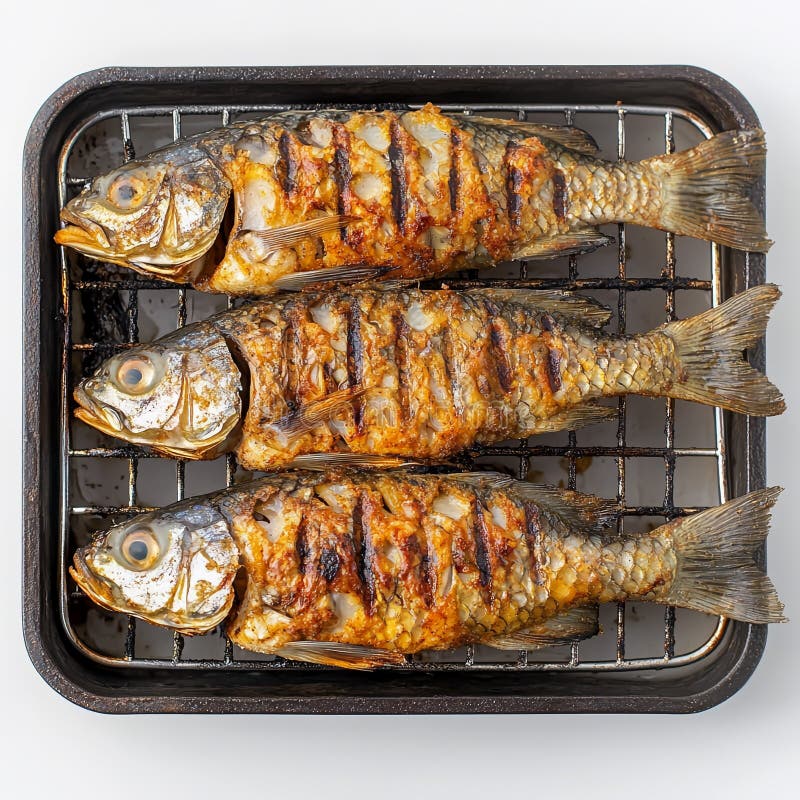 Fish Grill 3D Graphics on a Grid on a White Background Fried Crucian ...