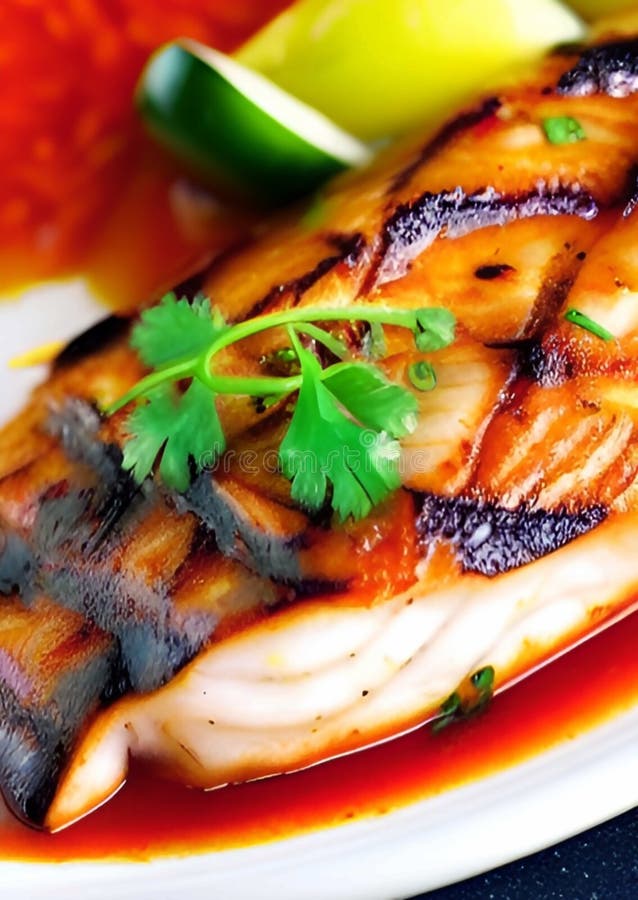 Fish grilled and red sauce stock illustration. Illustration of menu ...