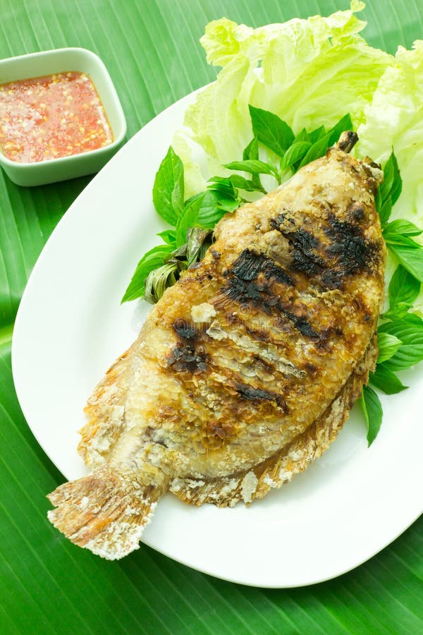 Fish Grilled with Salt in Plate , Thai Food Style Stock Image - Image ...