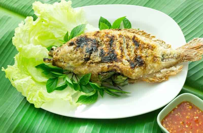 Fish Grilled with Salt in Plate , Thai Food Style Stock Image - Image ...