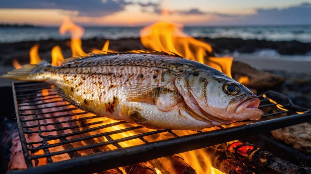 A Fish Grilling Over an Open Flame at Sunset on a Beach Stock ...