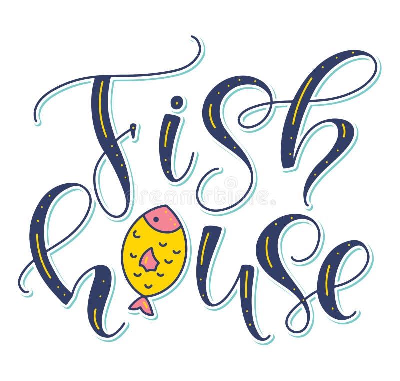 Fish House Colored Vector Illustration , Text and Doodle. Multicolored ...