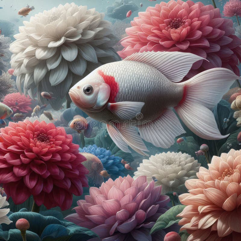 Fish among Huge Flowers Underwater. Stock Photo - Image of aquatic ...