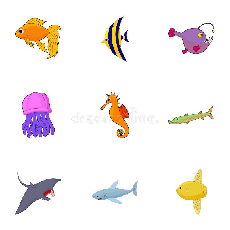 Fish Icons Set, Cartoon Style Stock Vector - Illustration of collection ...