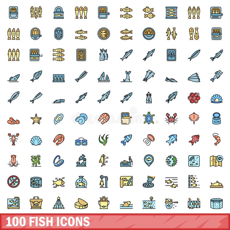 100 Fish Icons Set, Color Line Style Stock Illustration - Illustration ...