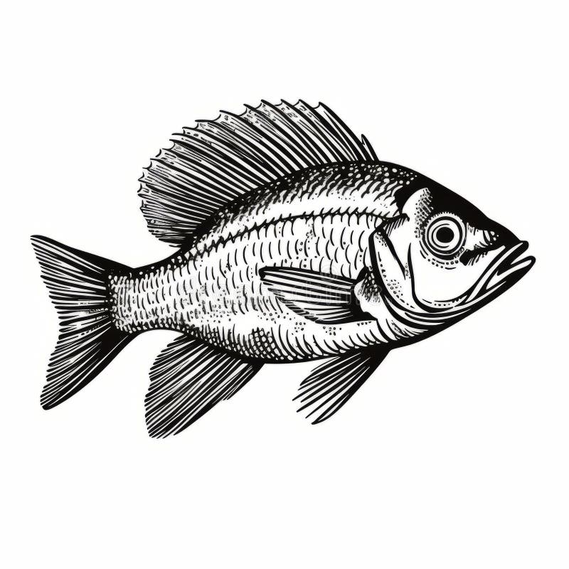 Detailed Black and White Fish Drawing in Linear Illustration Style ...
