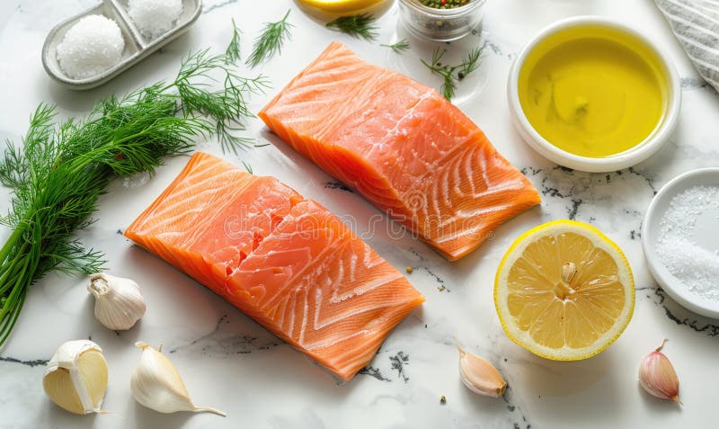 Fish Ingredients on a Marble Countertop, Salmon Fillets, Top View Stock ...