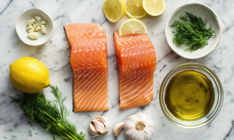Fish Ingredients on a Marble Countertop, Salmon Fillets, Top View Stock ...