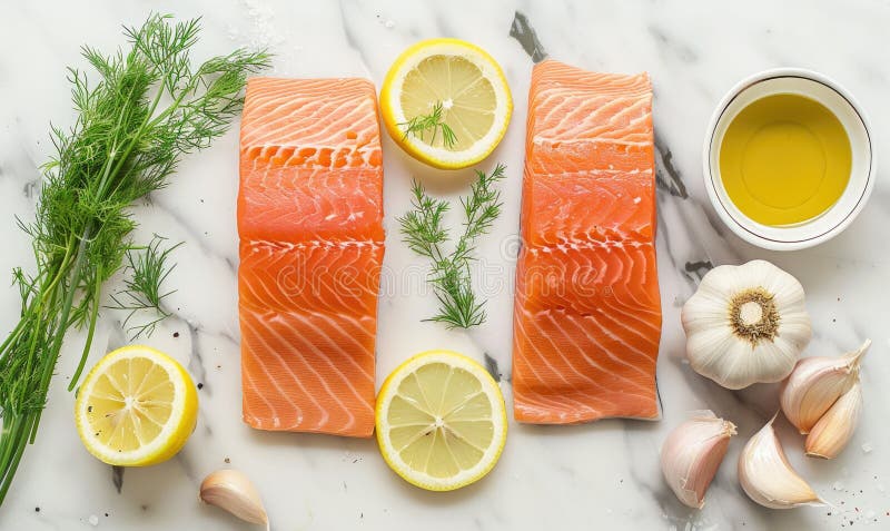 Fish Ingredients on a Marble Countertop, Salmon Fillets, Top View Stock ...