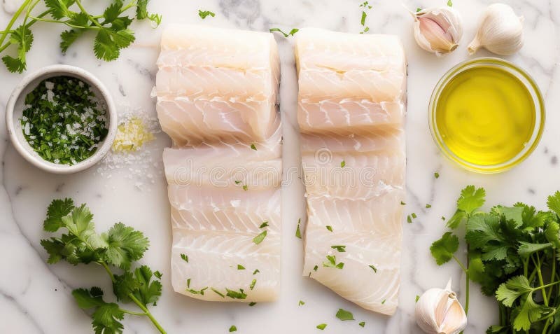 Fish Ingredients on a Marble Countertop, Top View Stock Photo - Image ...
