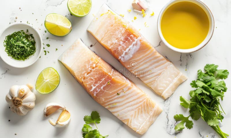 Fish Ingredients on a Marble Countertop, Top View Stock Image - Image ...