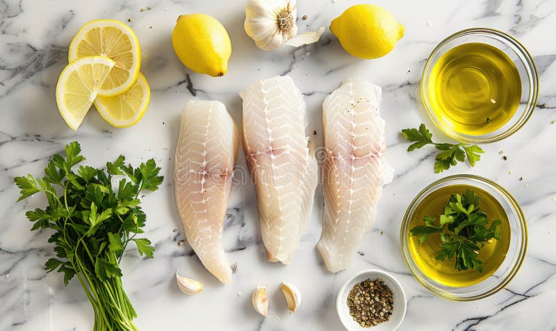 Fish Ingredients on a Marble Countertop, Top View Stock Photo - Image ...