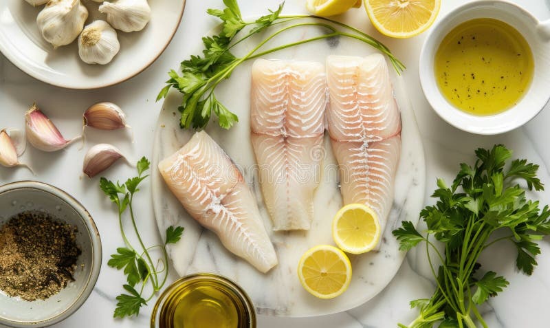 Fish Ingredients on a Marble Countertop, Top View Stock Image - Image ...