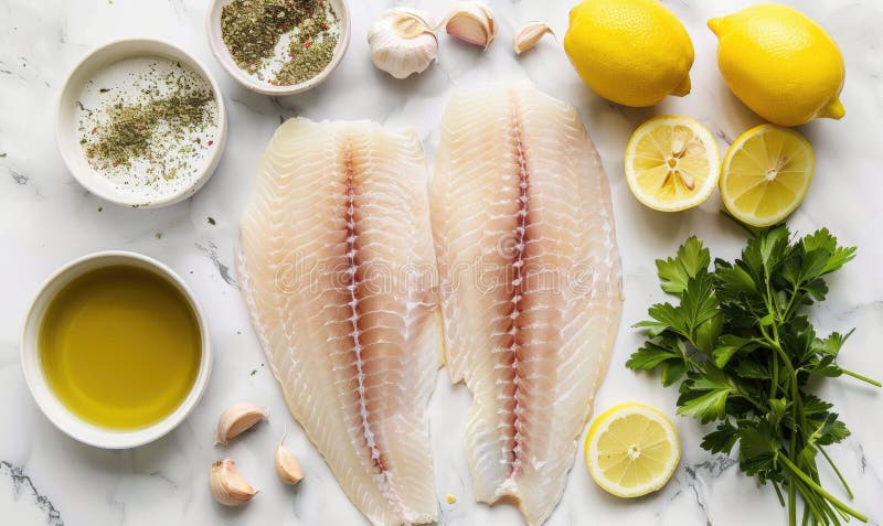Fish Ingredients on a Marble Countertop, Top View Stock Image - Image ...