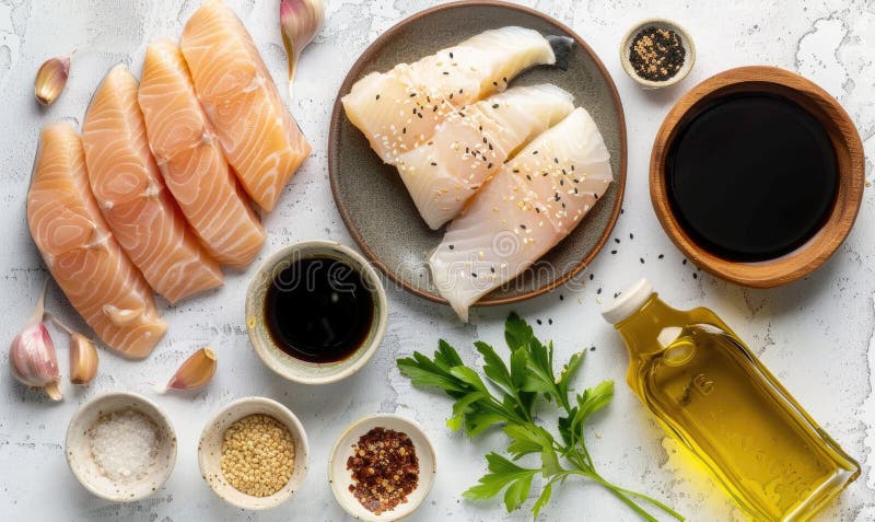 Fish Ingredients on a White Countertop, Top View Stock Photo - Image of ...