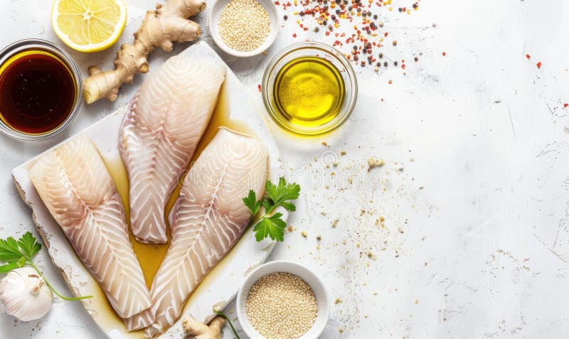 Fish Ingredients on a White Countertop, Top View Stock Image - Image of ...