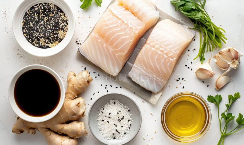 Fish Ingredients on a White Countertop, Top View Stock Photo - Image of ...