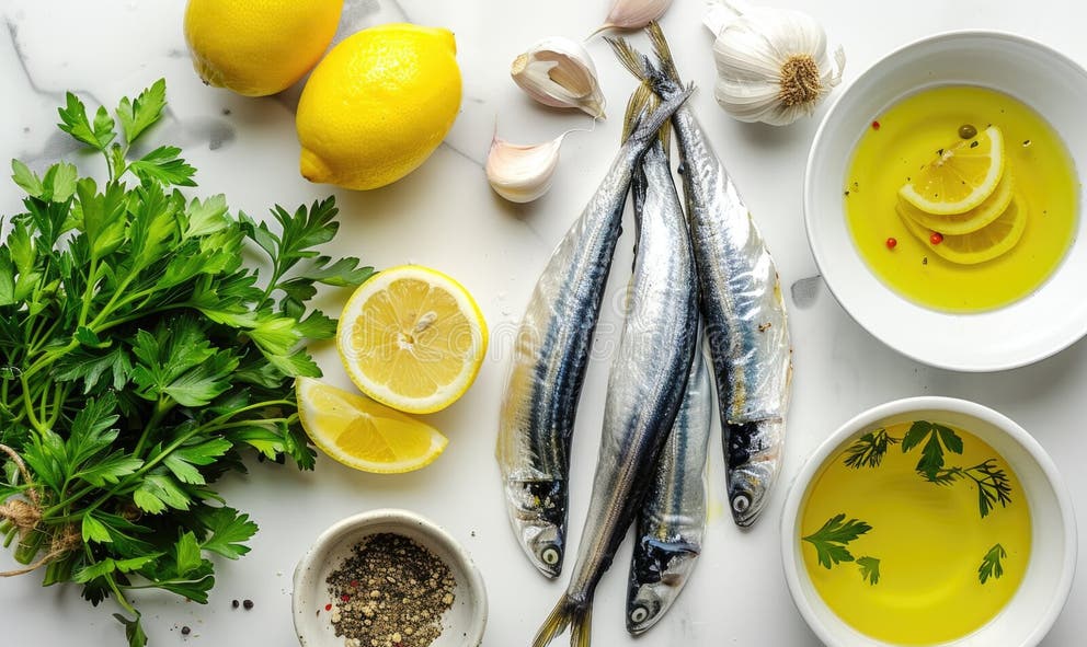 Fish Ingredients on a White Countertop, Top View Stock Photo - Image of ...
