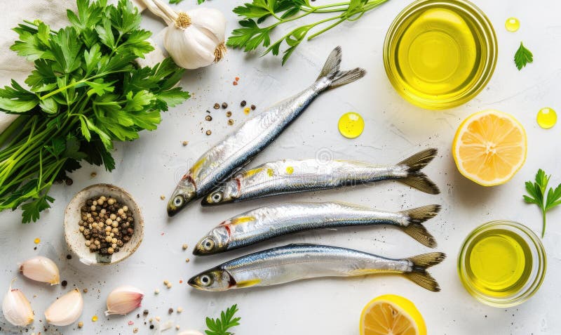 Fish Ingredients on a White Countertop, Top View Stock Photo - Image of ...