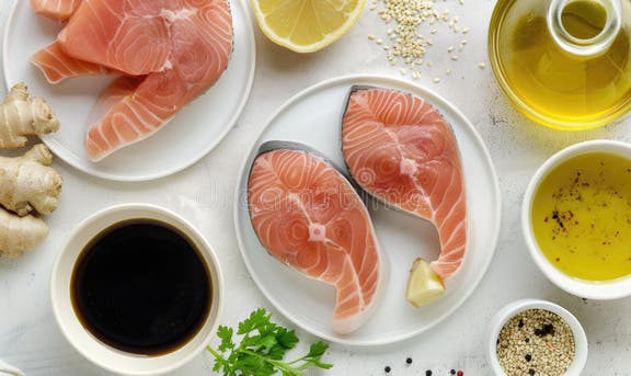 Fish Ingredients on a White Countertop, Top View Stock Image - Image of ...