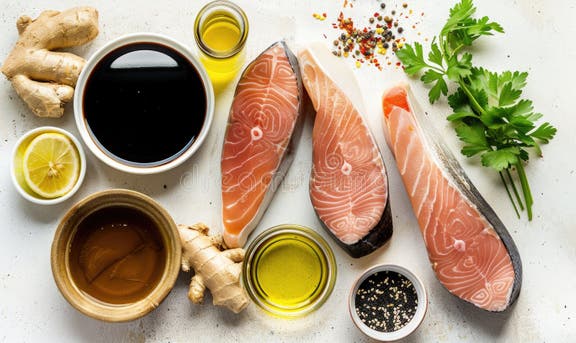 Fish Ingredients on a White Countertop, Top View Stock Photo - Image of ...