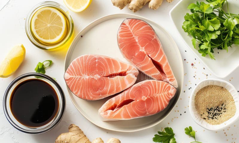 Fish Ingredients on a White Countertop, Top View Stock Image - Image of ...