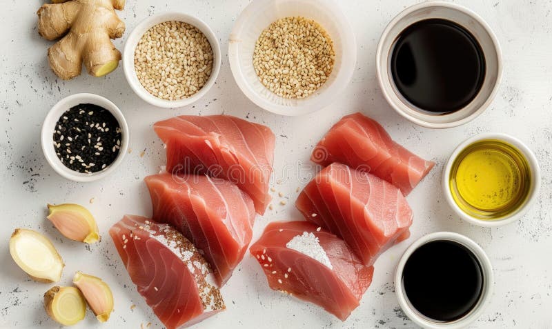 Fish Ingredients on a White Countertop, Top View Stock Photo - Image of ...