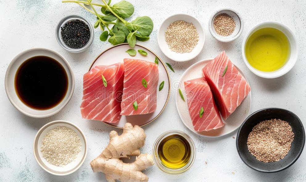 Fish Ingredients on a White Countertop, Top View Stock Image - Image of ...