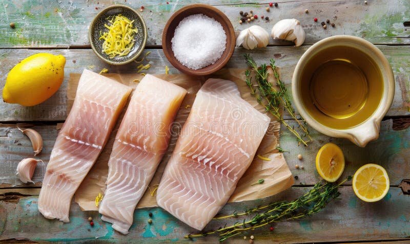 Fish Ingredients on a White Countertop, Top View Stock Photo - Image of ...