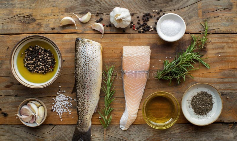 Fish Ingredients on a White Countertop, Top View Stock Image - Image of ...