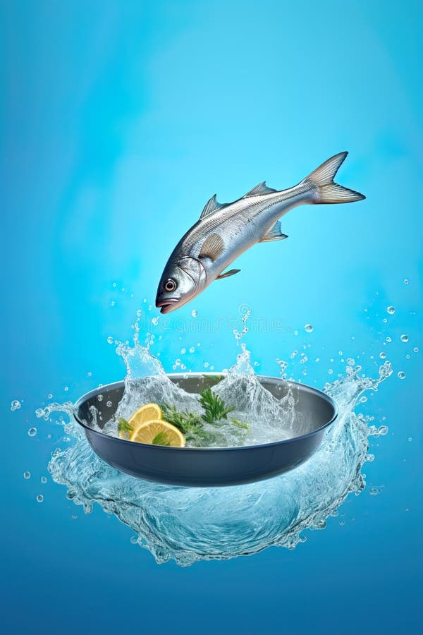 Fish Jumping in a Cooking Pan Over Blue Background. Generative Ai Stock ...