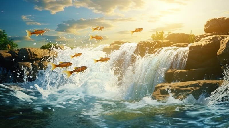 Fish Jumping from the Flying Shore Down the Waterfall Stock ...