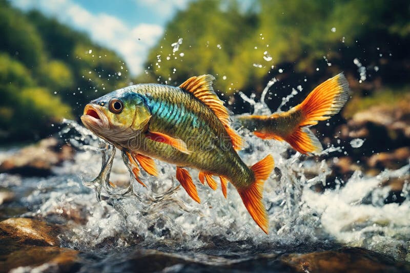 Bass Fish Jumping Out of River Water. Ai Generative Stock Illustration ...
