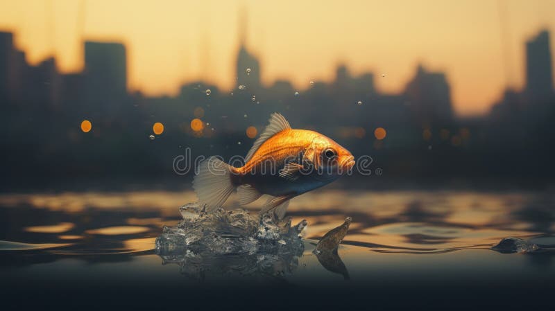 A Fish is Jumping Out of the Water in Front of a City, AI Stock Image ...