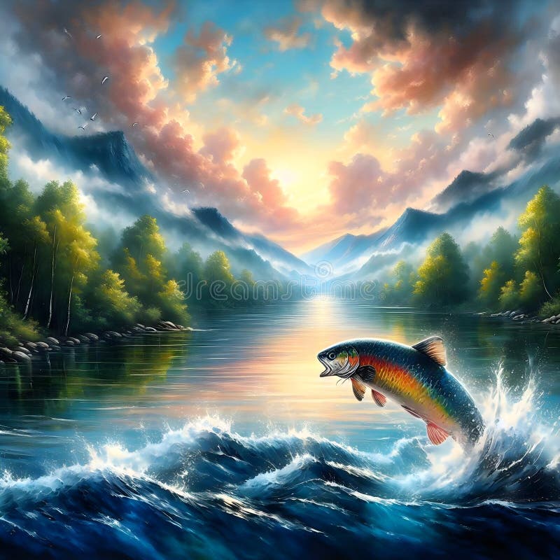 Fish Jumping Mountains Stock Illustrations – 201 Fish Jumping Mountains ...