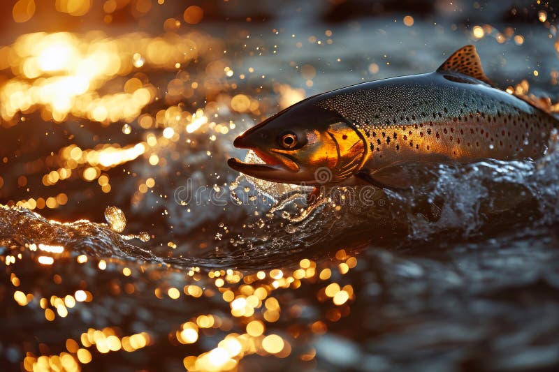 Fish Jumping Out of Water at Sunset. Stock Image - Image of motion ...