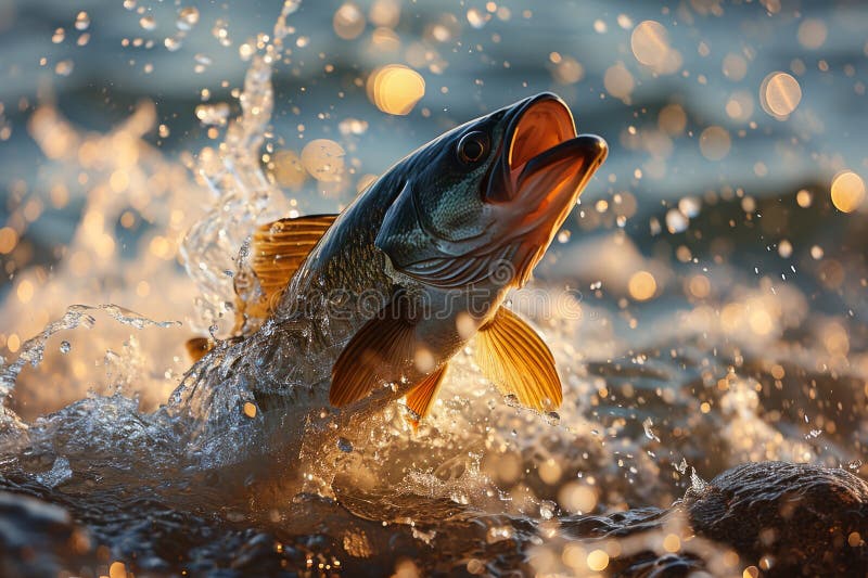 Fish Jumping Out of Water at Sunset. Stock Image - Image of energy ...