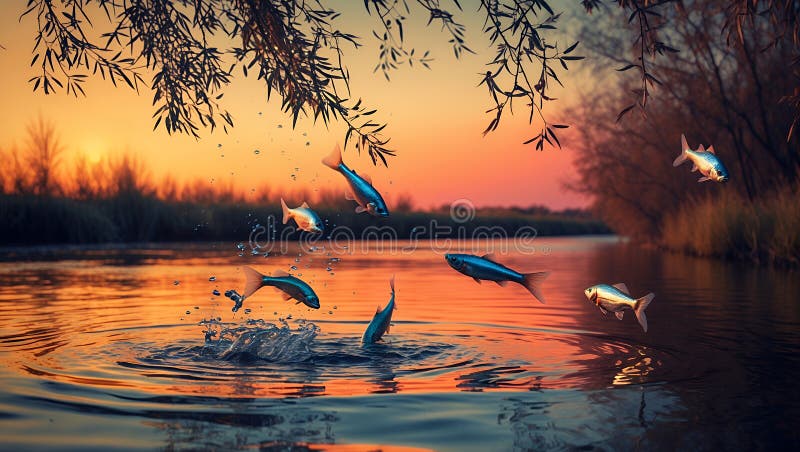 Majestic Sunset Fish Jumping in River Water Stock Illustration ...