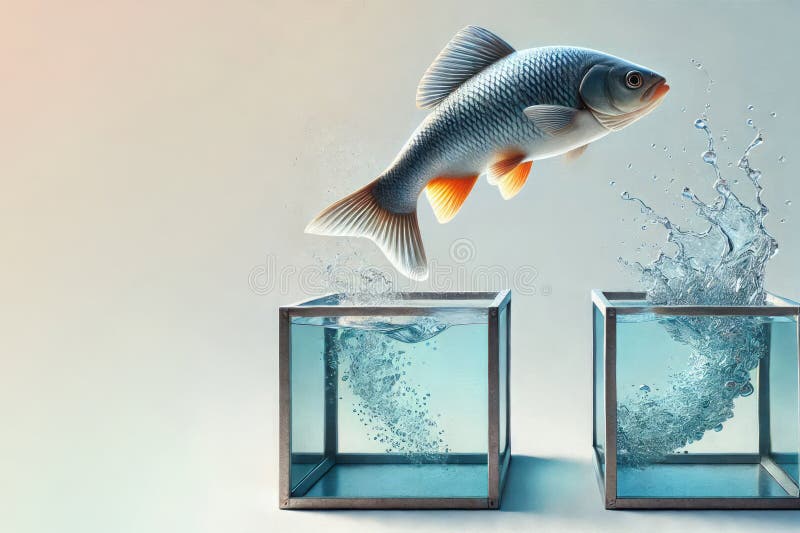 The Fish Jumps between the Aquariums. Space for Text. Stock Photo ...