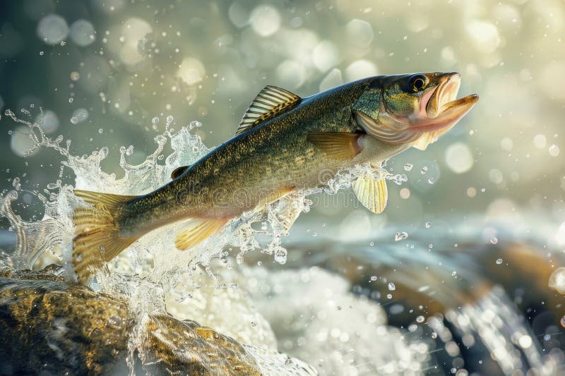 A Fish Jumps Out of the Water and Perches on a Rocky Surface Stock ...