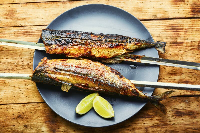 Fish kebab on skewers stock image. Image of mackerel - 198401597