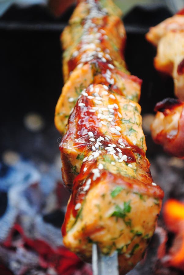 Fish kebab stock image. Image of dill, grilled, potatoes - 62415553