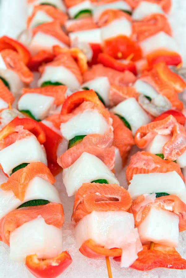 Fish Kebabs in Close Up View Stock Photo - Image of market, salmon ...
