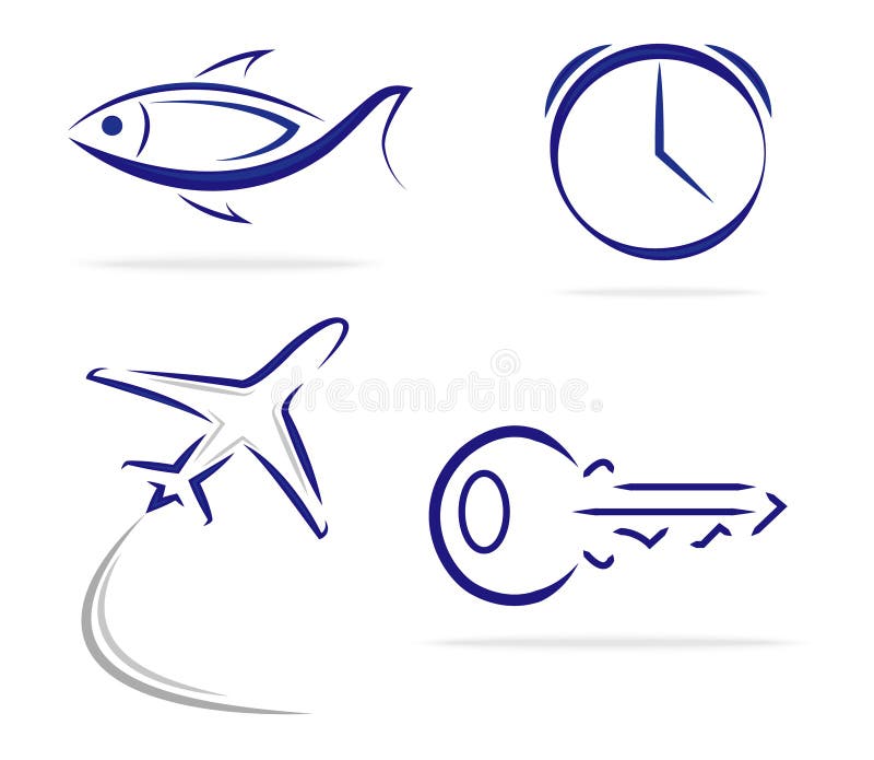Fish Key Clock Plane icons stock vector. Illustration of passenger ...