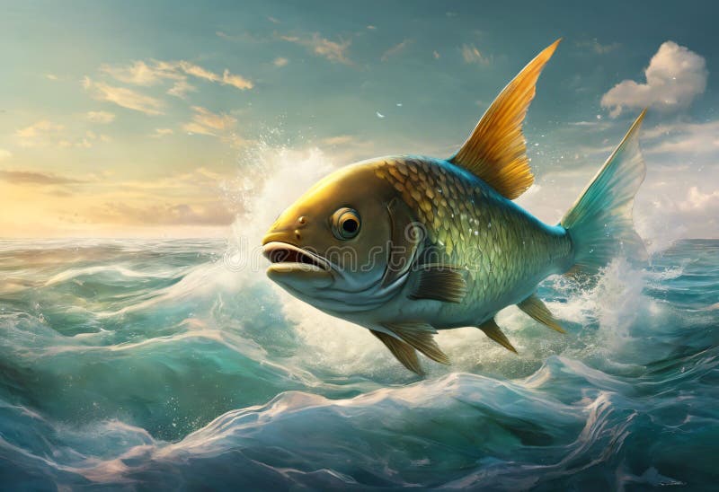 Fish Leaping from Ocean Under Dramatic Sky Stock Illustration ...
