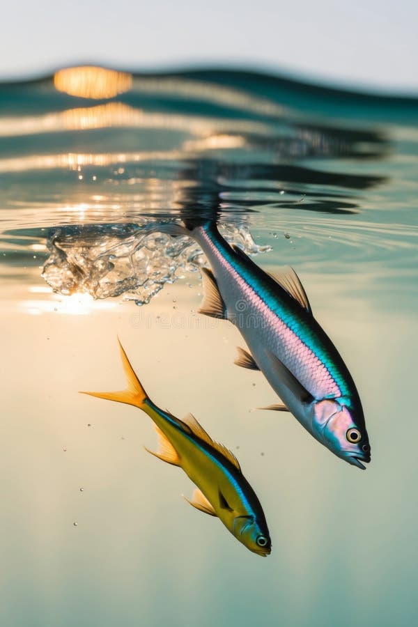 A Fish Leaping from Water for a Flying Bite on Another Fish Jumping Out ...